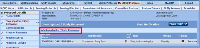 IACUC Add Investigators - Sponsored Program Services - Coeus - Purdue University