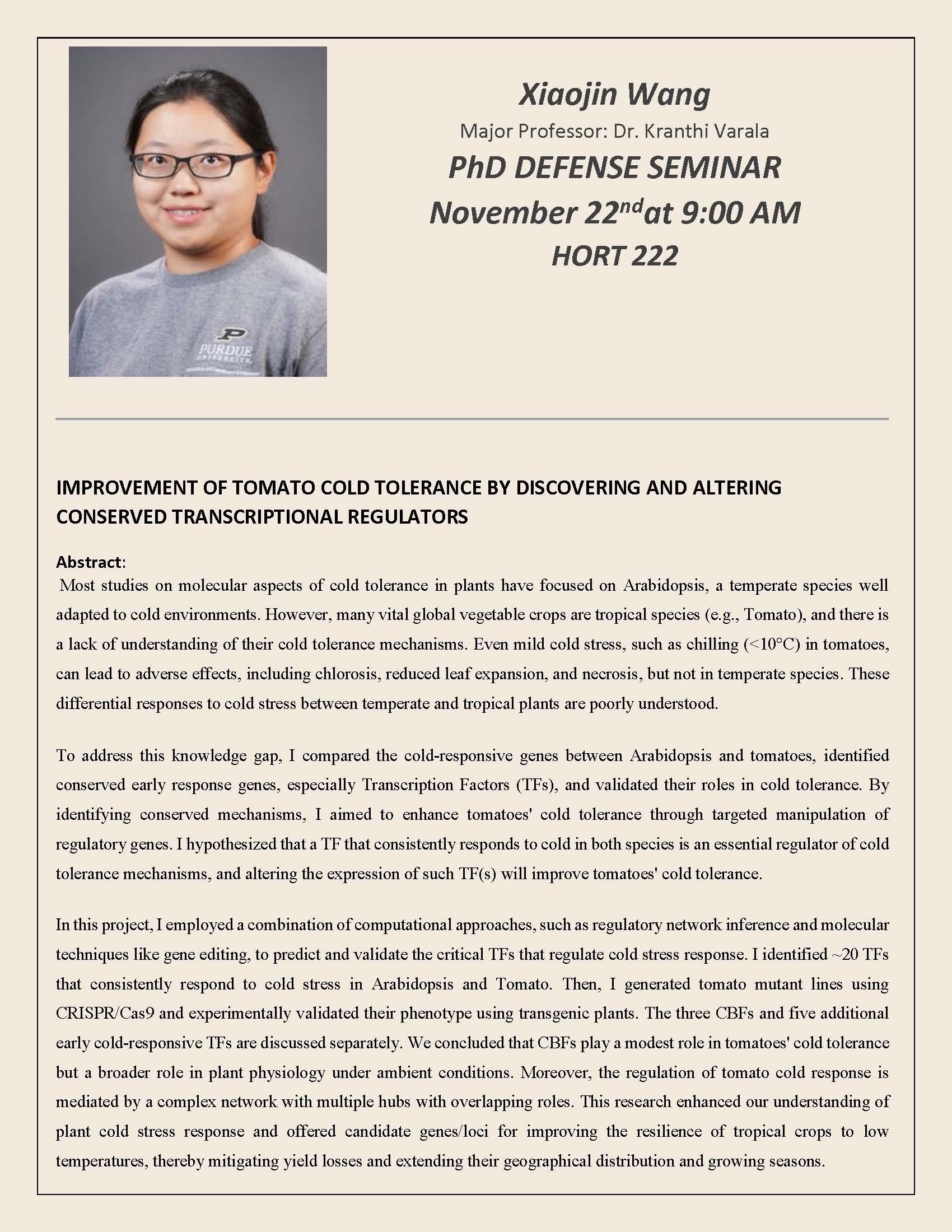 PhD Defense Seminar: Xiaojin Wang | Purdue University HLA Happenings