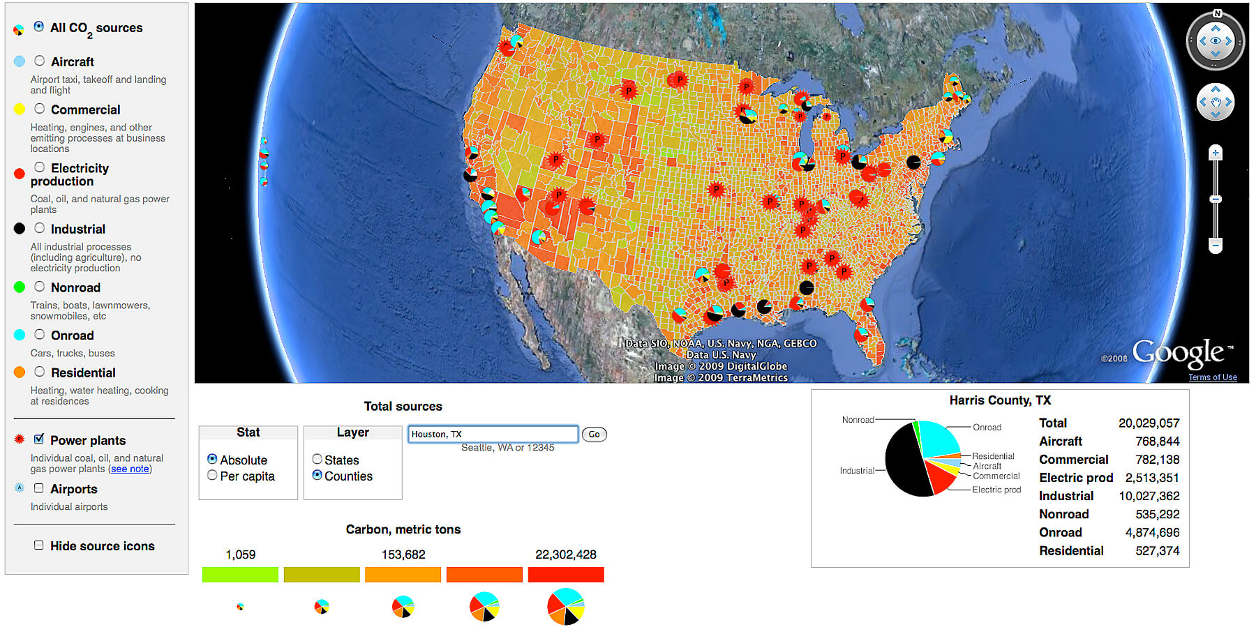 Carbon dioxide emissions map released on Google Earth